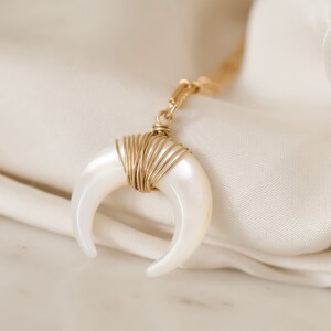 LARA Horn Necklace 14K Gold Filled, Mother of Pearl Moon Pendant ...