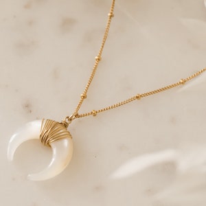 LARA Horn Necklace 14K Gold Filled, Mother of Pearl Moon Pendant ...