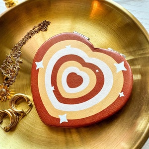 Cute Brown Retro Heart Compact Heart Mirror Aesthetics Makeup, Pocket ...