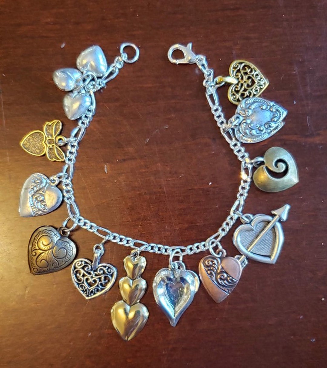 Hearts Charm Bracelet Handmade Victorian Vintage Recycled Costume and Fashion Jewelry With More Than 15 Unique Charms. Free Ship Eligible Etsy