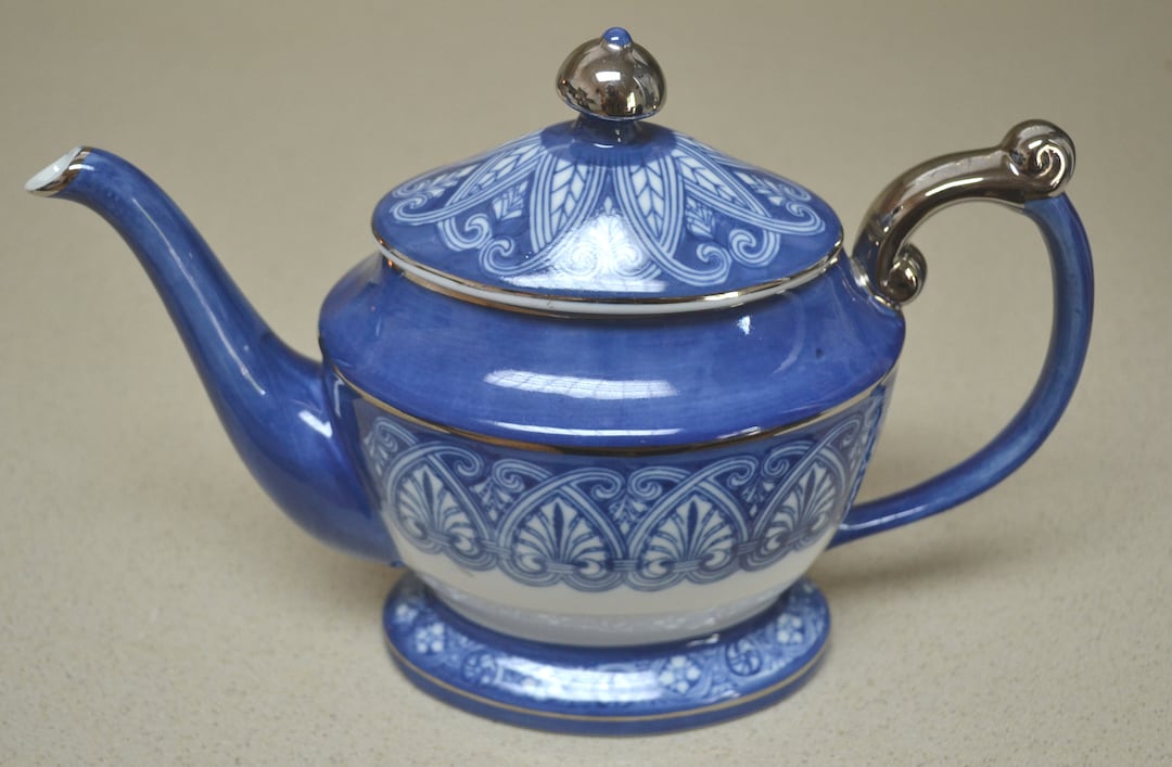 Bombay Blue & White Teapot: Arabesque Tile Pattern, Platinum Trim - Etsy