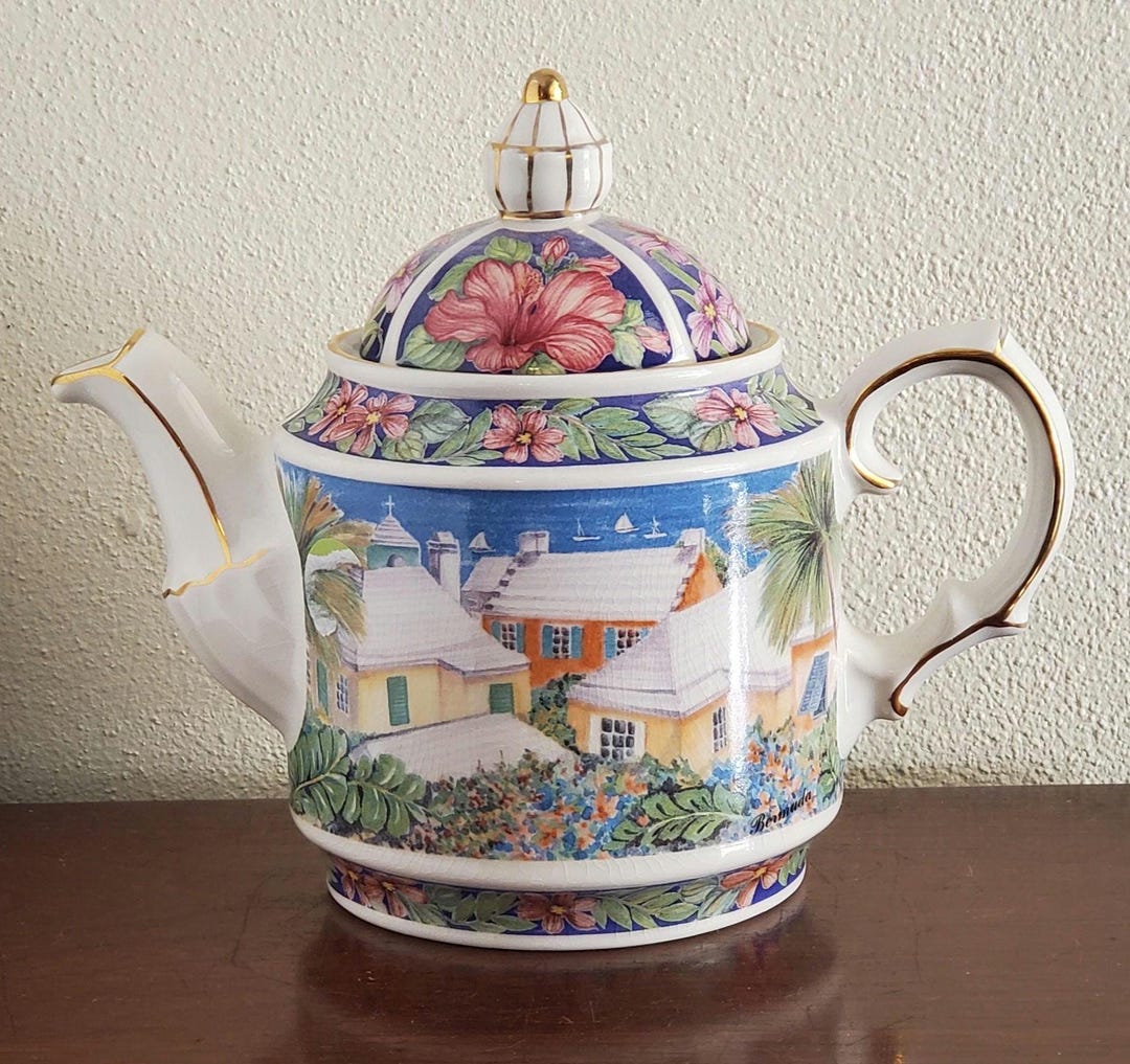 Vintage James Sadler Bermuda Teapot: Rooftops, Hibiscus, Gold Trim ...