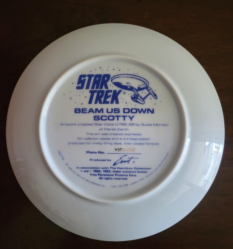 Vintage Star Trek Collector's Plate: Beam Us Down Scotty, 1983 Hamilton ...
