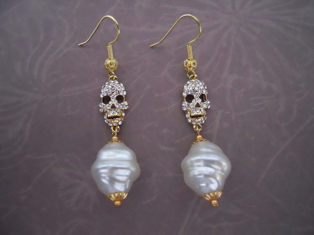 Rhinestone Skulls and Vintage Faux Baroque Pearl Earrings Gold Plated ...