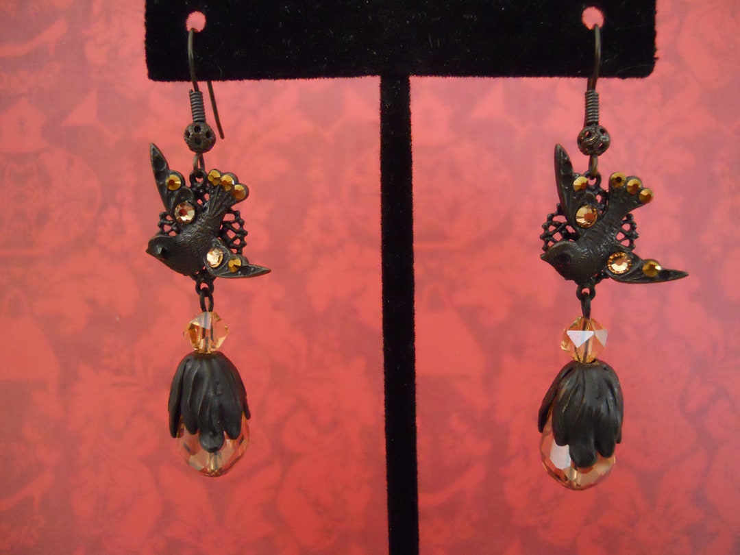 Jeweled Flying Bird Earrings Black Darkest Brown Gold Crystals Mirrored ...