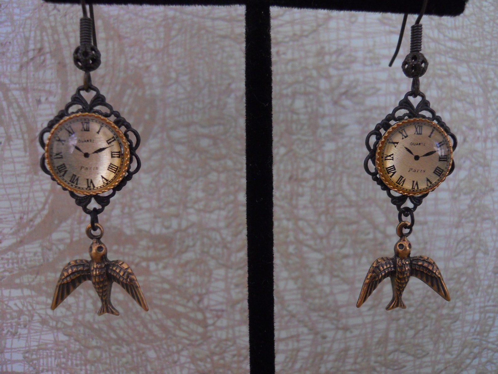 Time Flies Dangle Earrings Tiny Clock Face Swallows Birds | Etsy