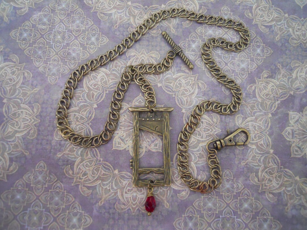 Gothic Antique Brass Tone Pocket Watch Chain and Guillotine Fob Red ...