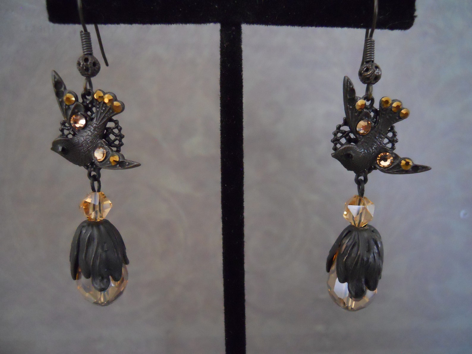 Jeweled Flying Bird Earrings Black Darkest Brown Gold Crystals Mirrored ...