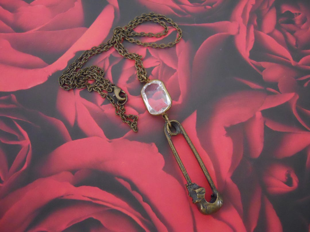 Antique Brass Bronze Skull Safety Pin Vintage Crystal Necklace Long ...