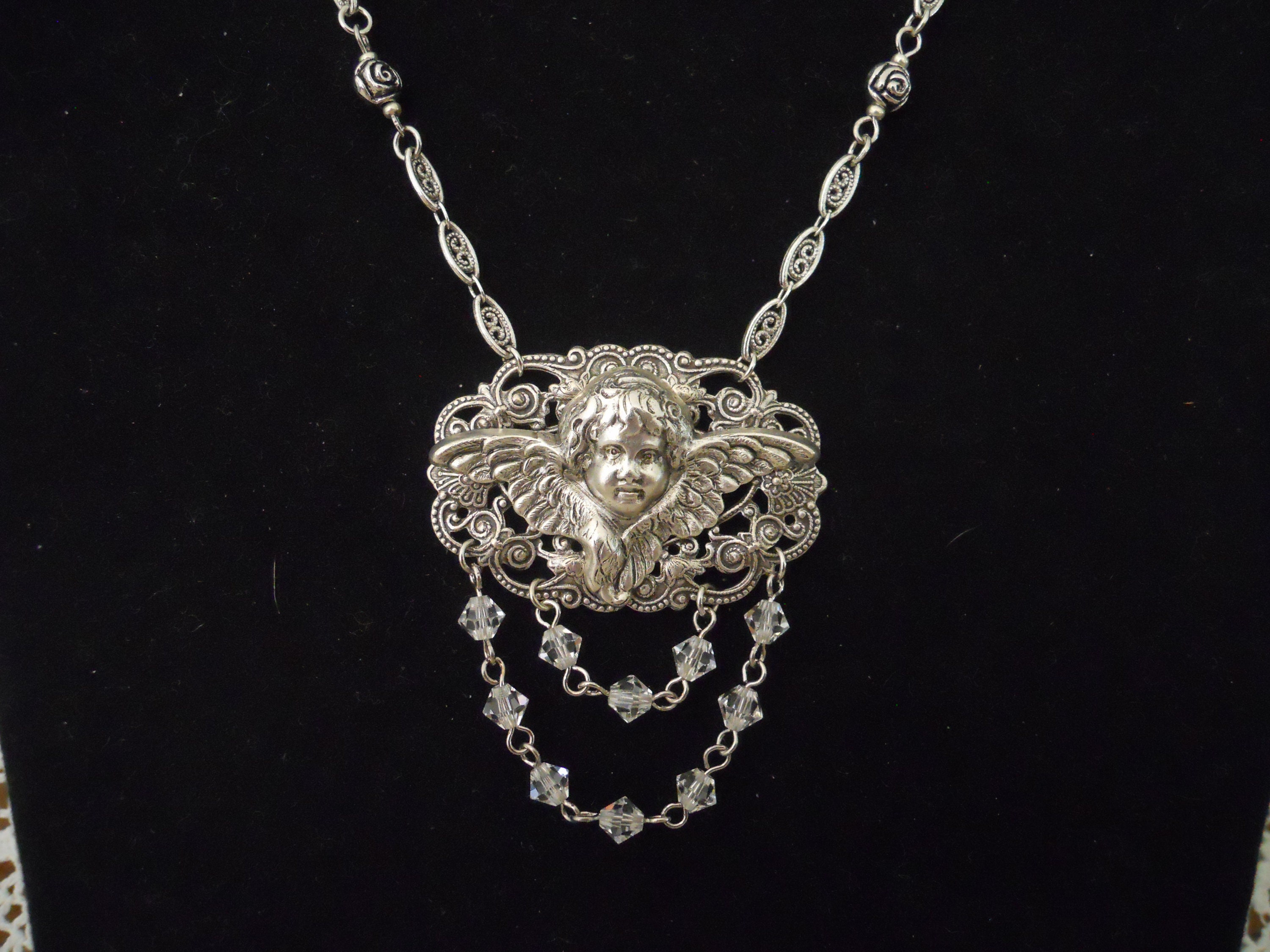 Winged Angel Necklace Antique Silver Plate Clear Crystals - Etsy