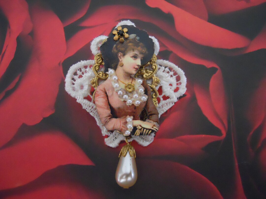Hand Embellished Victorian Lady Brooch Lace Vintage Pearl Drop - Etsy