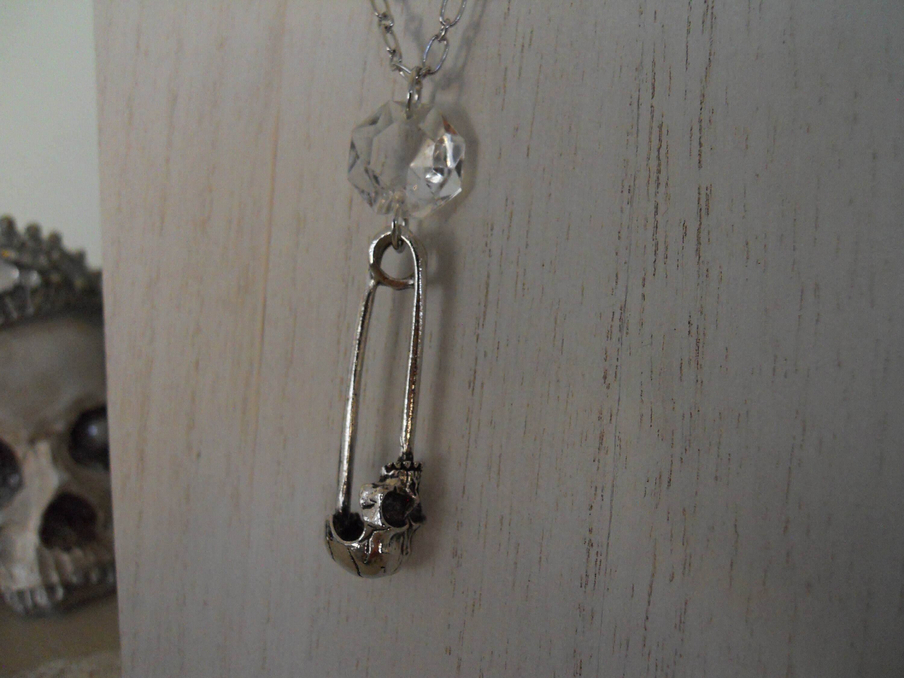 Antique Silver Skull Safety Pin Crystal Necklace Long Layering | Etsy