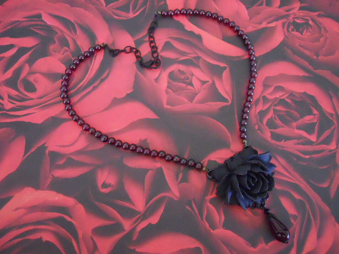 Victorian Mourning Style Black Resin Rose Necklace Garnet Beads Red ...