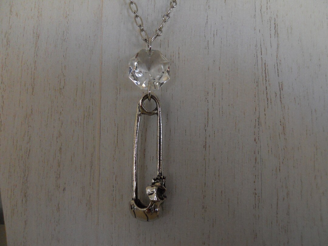 Antique Silver Skull Safety Pin Crystal Necklace Long Layering Necklace ...