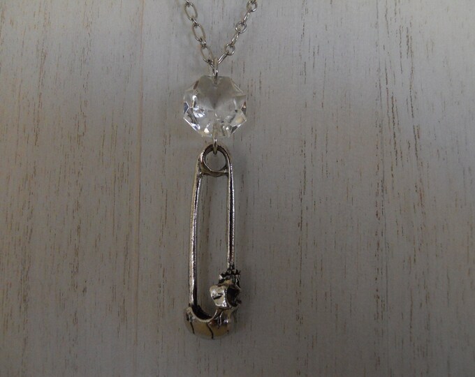 Antique Silver Skull Safety Pin Crystal Necklace Long Layering Necklace ...