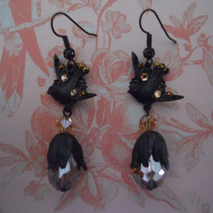 Jeweled Flying Bird Earrings Black Darkest Brown Gold Crystals Mirrored ...