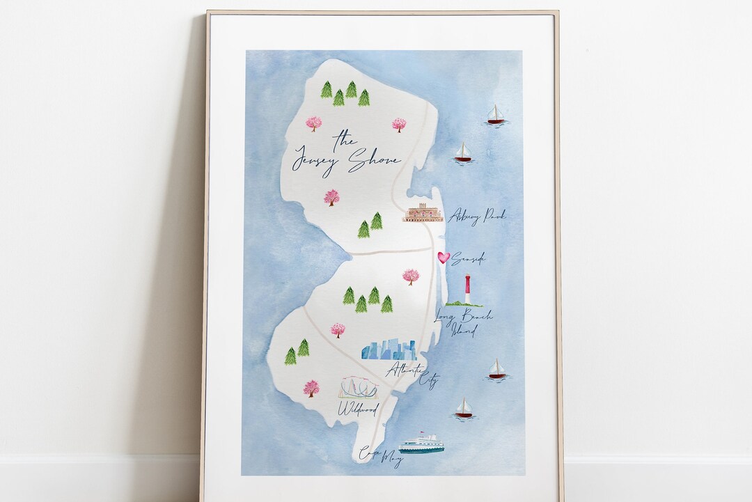 Jersey Shore Map, Love Seaside, New Jersey Map, Watercolor Painting ...