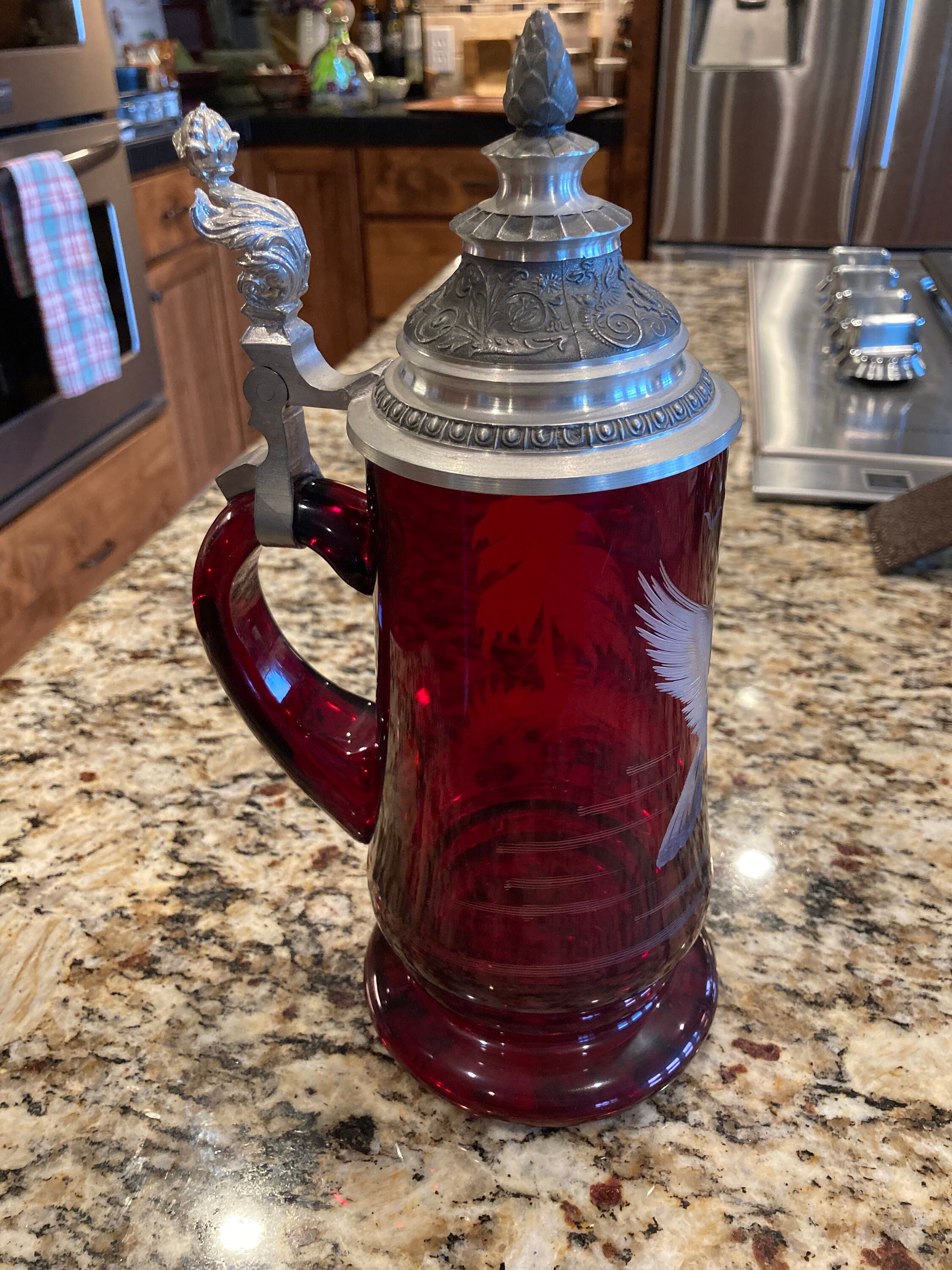 Ruby Red Glass Beer Stein Hand Engraved Deep Red Color Heavy Glass Like ...