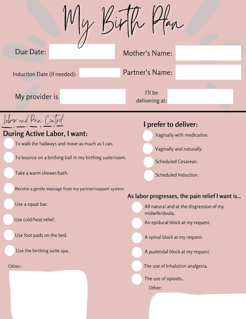 Birth Plan Printable, Downloadable Birth Plan, Labor Plan Template ...