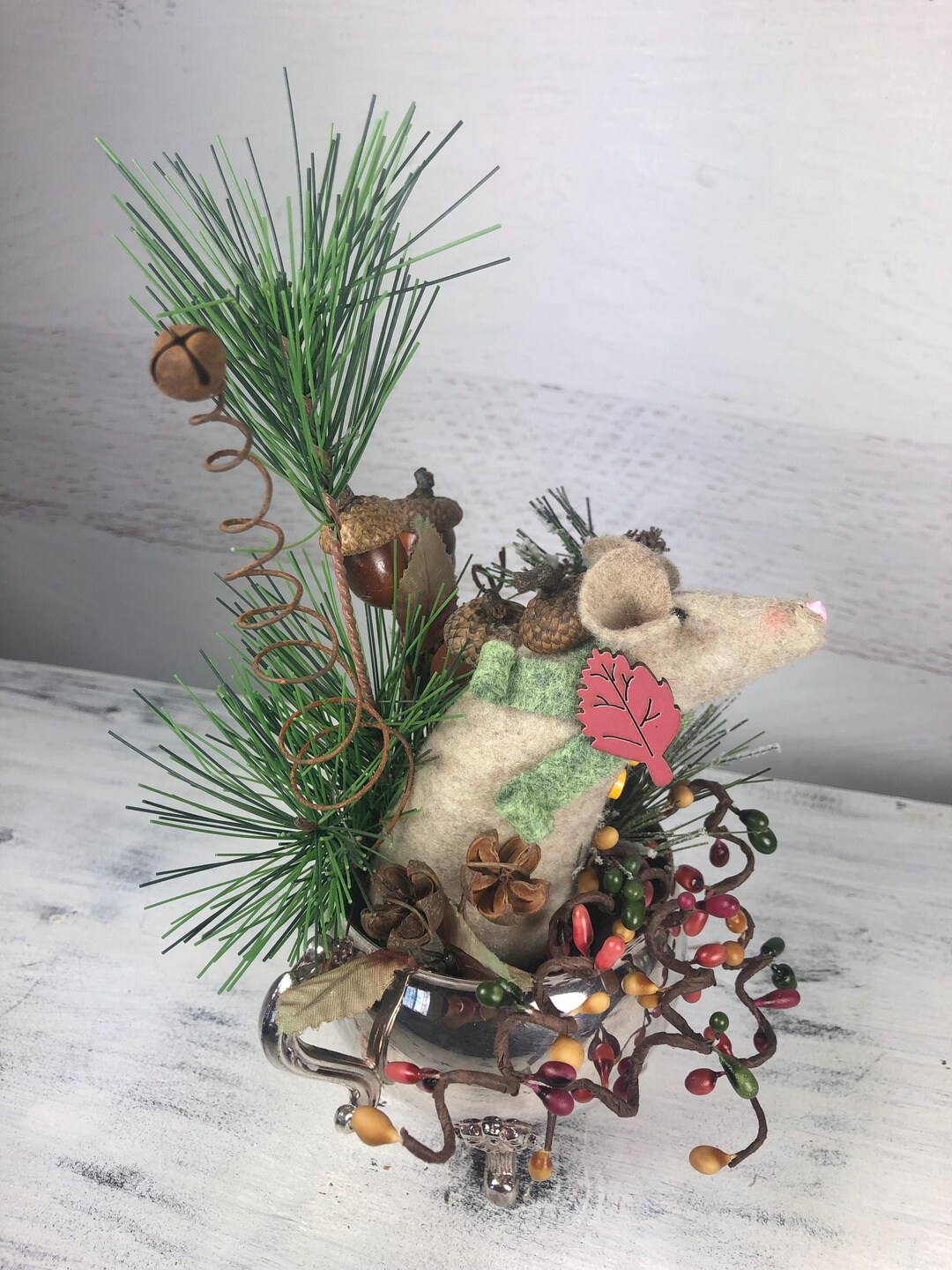 Handmade Original Wool Felt Mouse Sitting in a Silver Creamer Pitcher ...