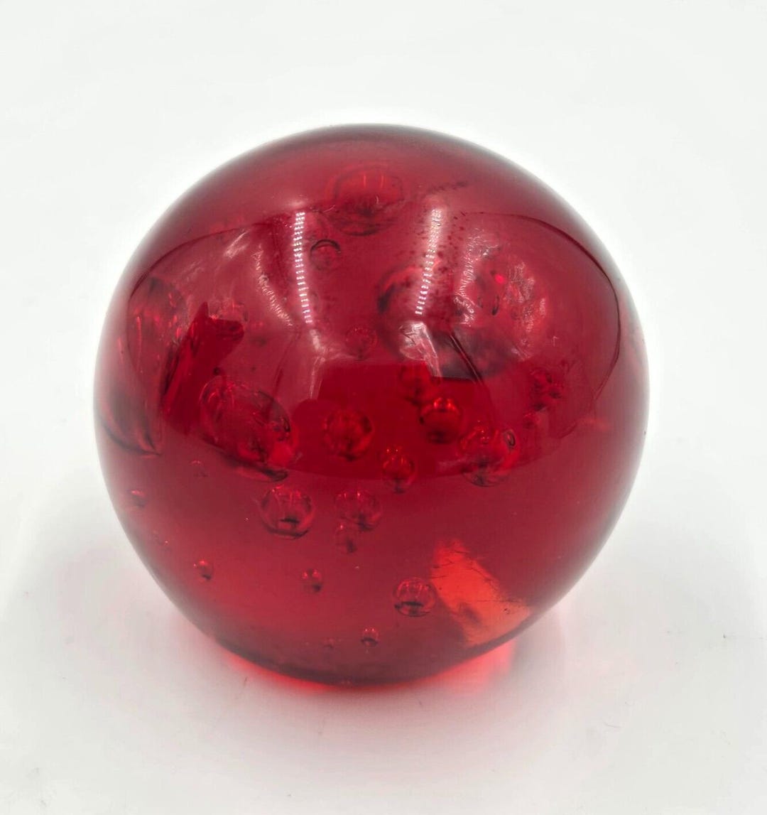 Hand Blown RUBY RED Art Glass Paperweight Controlled Bubble 2 /2 Round ...