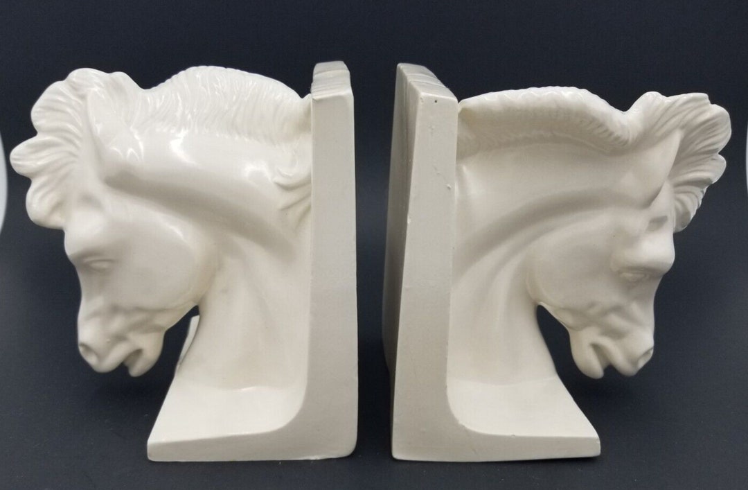 Vtg Ivory Ceramic Stallion Bookend Set Pottery Studio Detailed Face ...