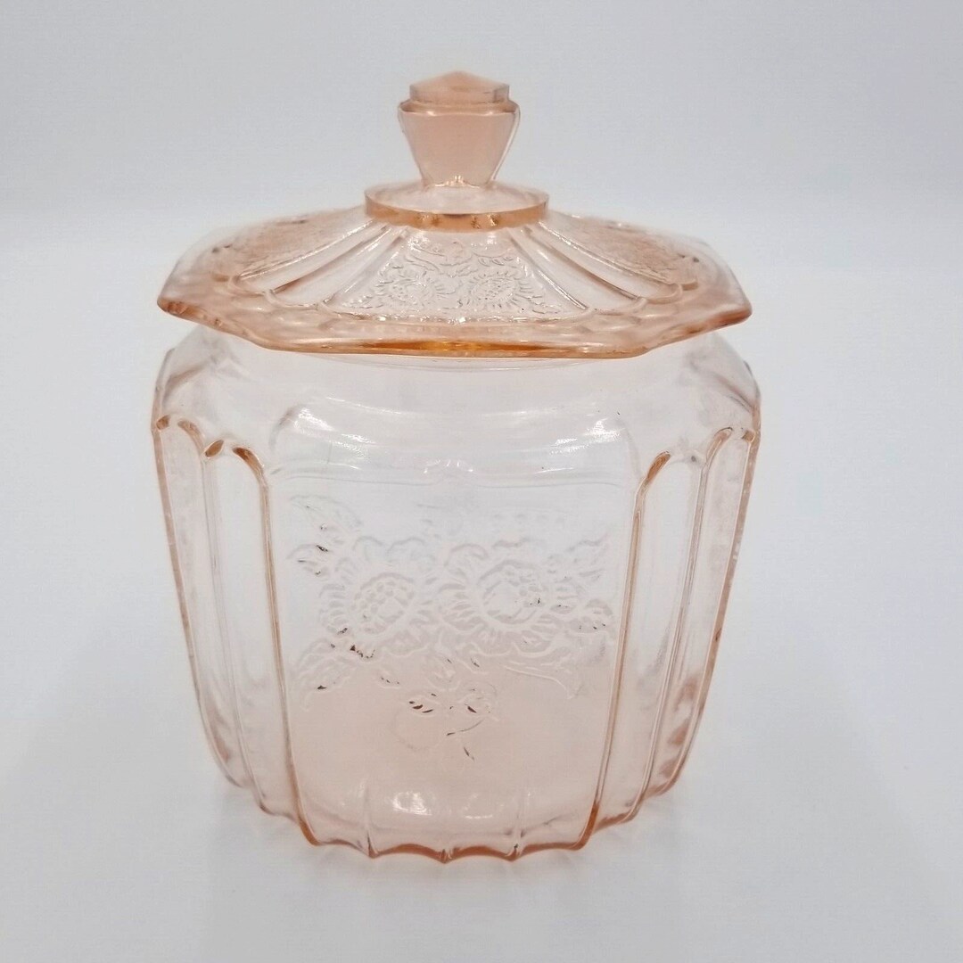 1935 Anchor Pink Depression Glass Cookie Jar Biscuit Jar Lid Mayfair ...