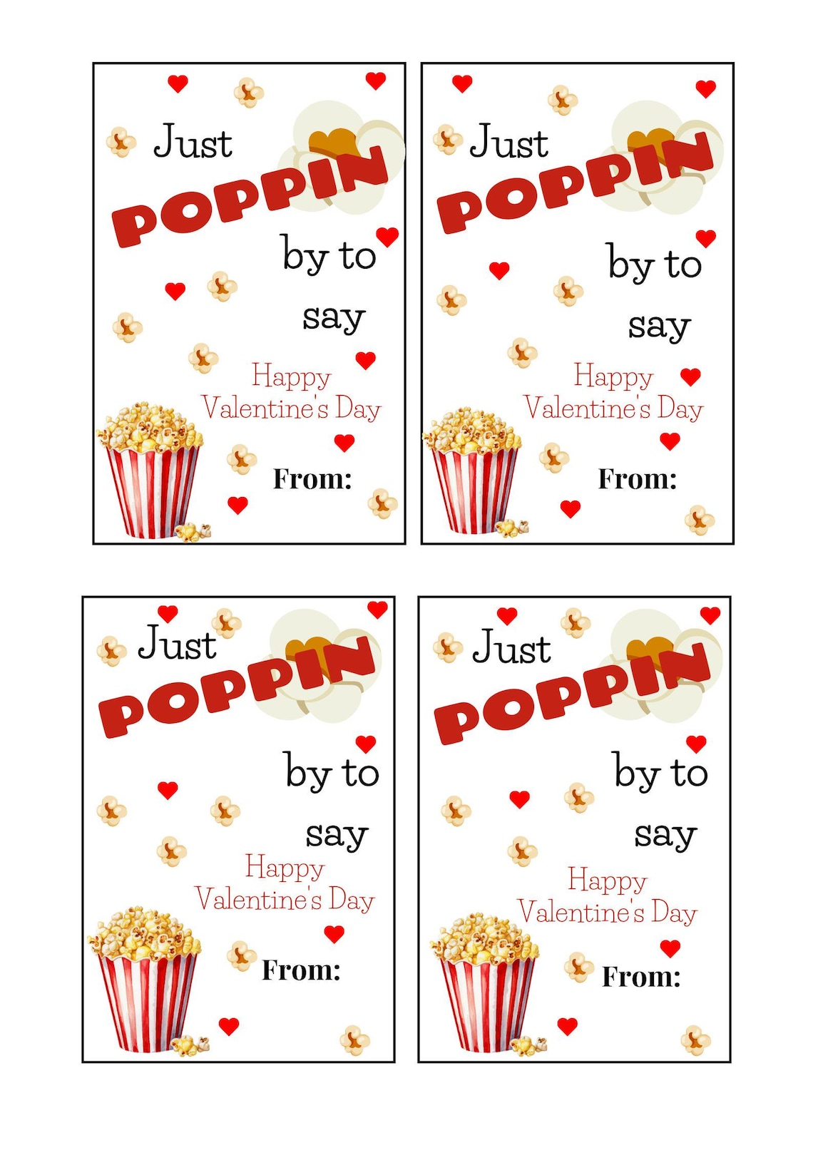 Popcorn Valentine Card- Printable- Instant Download- Kids Valentine ...