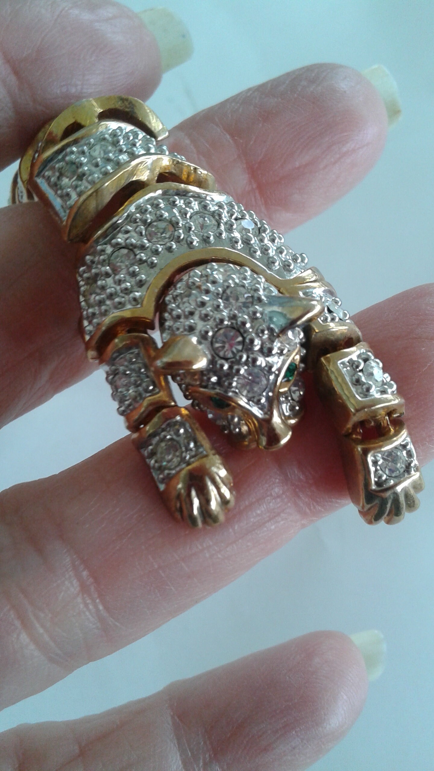 Big Tiger Pin Articulated 5 Inches Long. Silver and Gold W Green ...