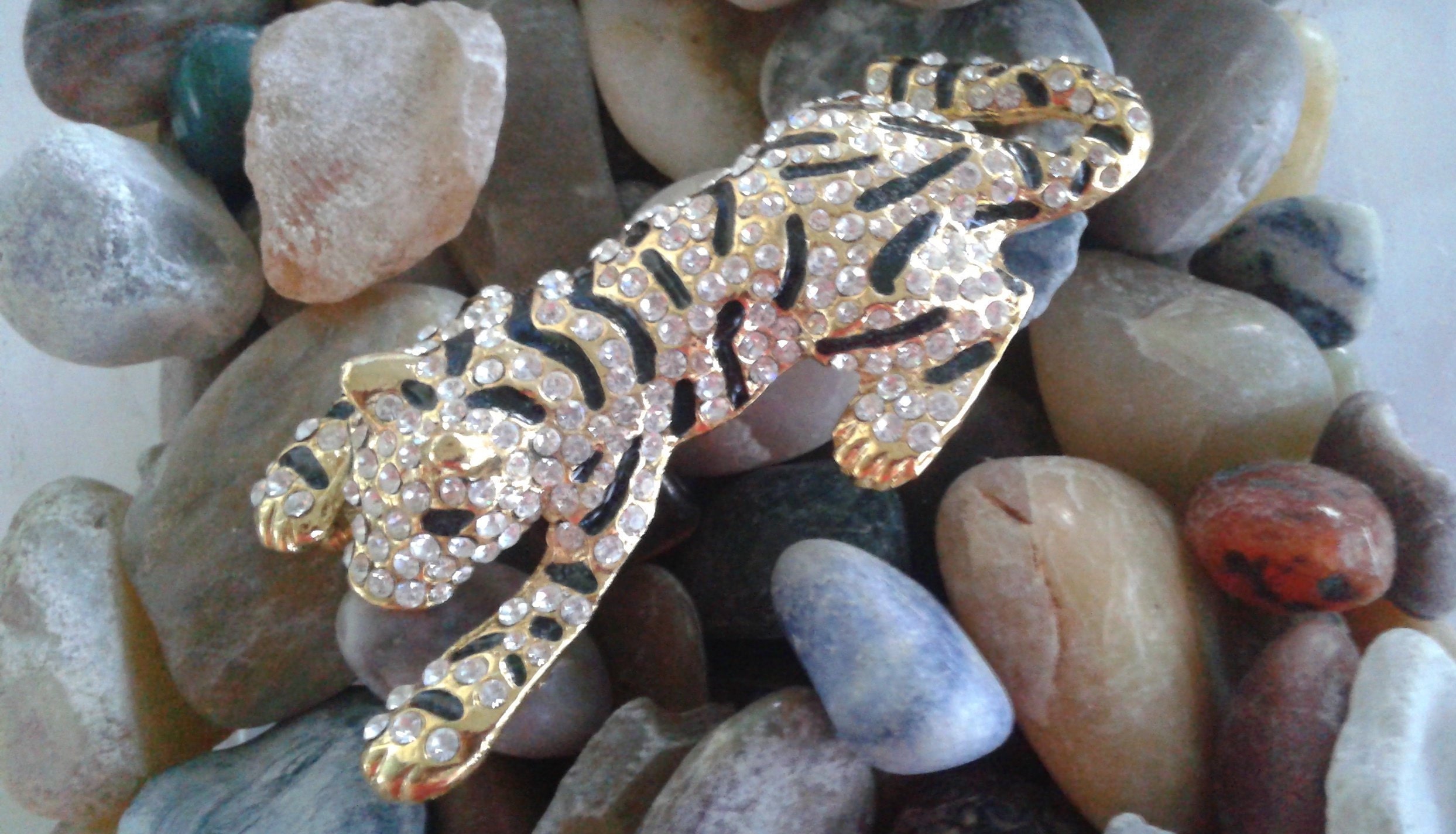 Big Tiger Pin Perfect Condition Covered in Crystals and Black Enamel ...
