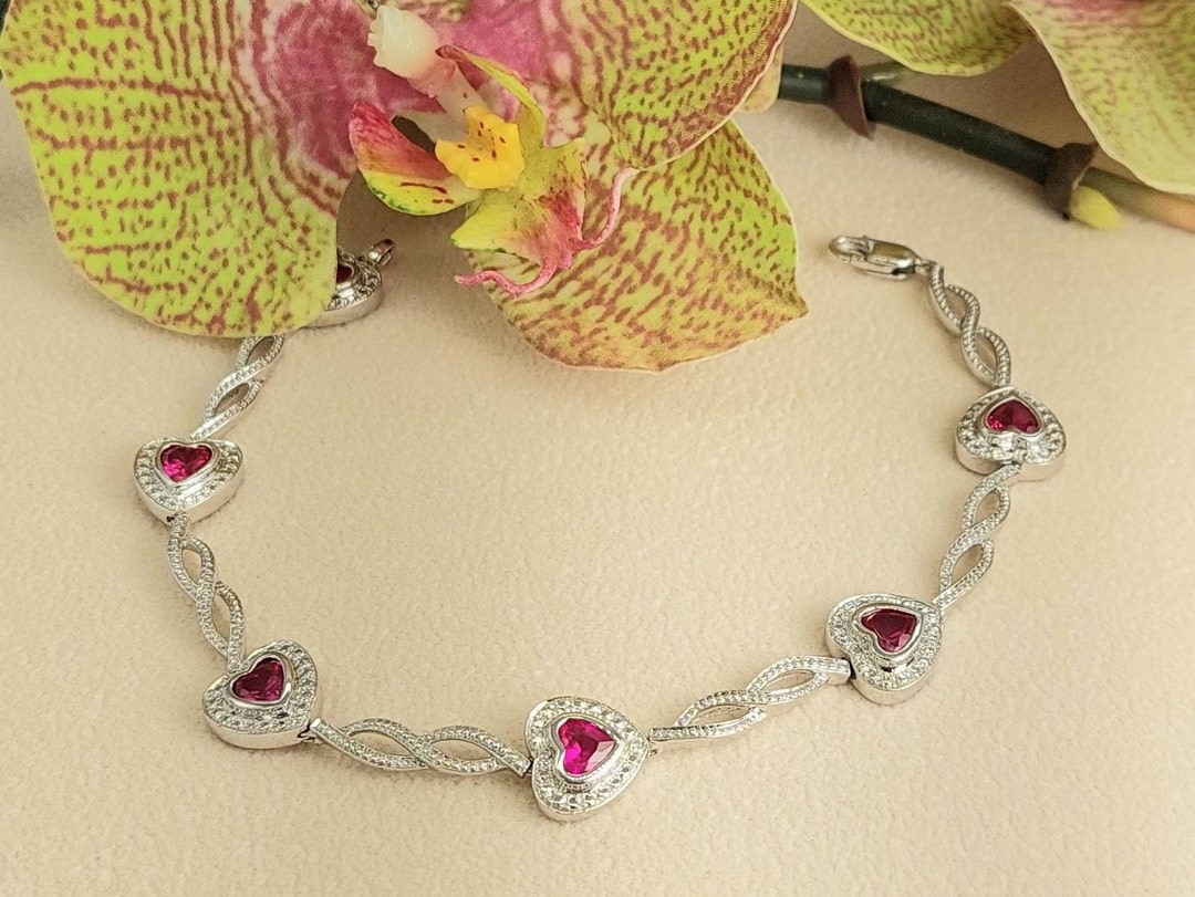 Ruby Heart and Sterling Silver Bracelet- Valentine Gift, Anniversary ...
