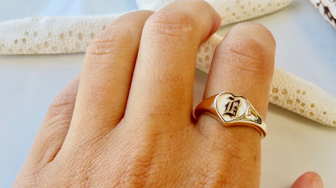 14 Karat Solid Gold Heart Initial Ring with Raised Letter | Etsy