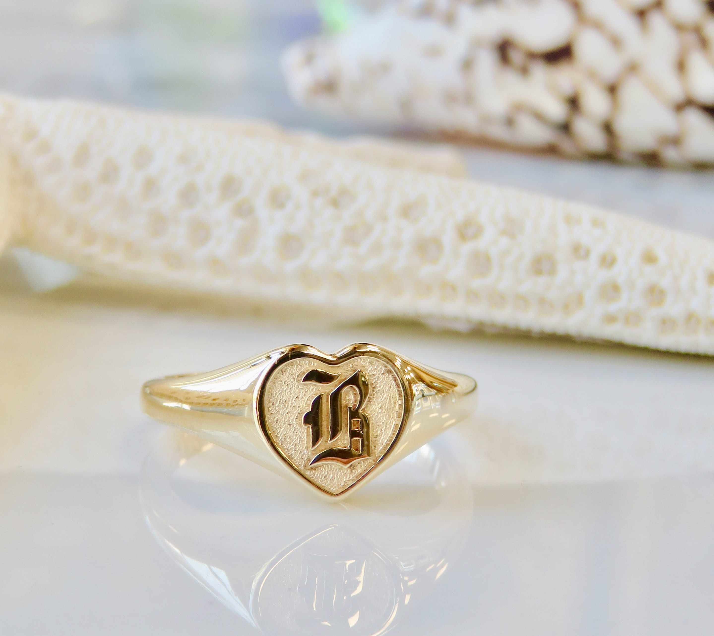 14 Karat Solid Gold Heart Initial Ring with Raised Letter | Etsy