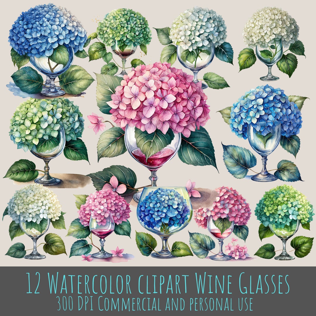 Hydrangea Wine Glass Clipart, Floral PNG Illustrations (digital ...