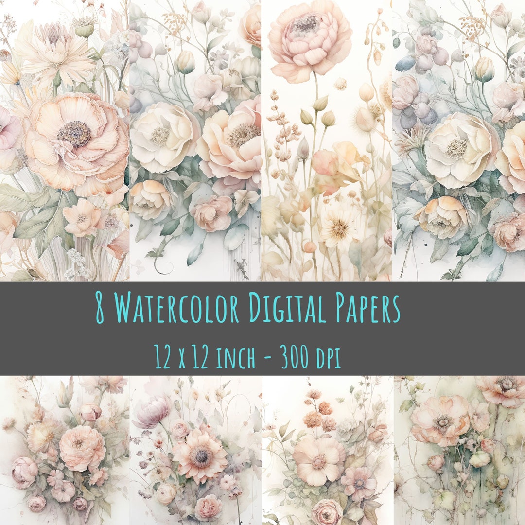 Floral Watercolor Digital Paper Set, 12x12 Scrapbook & Journal (digital ...