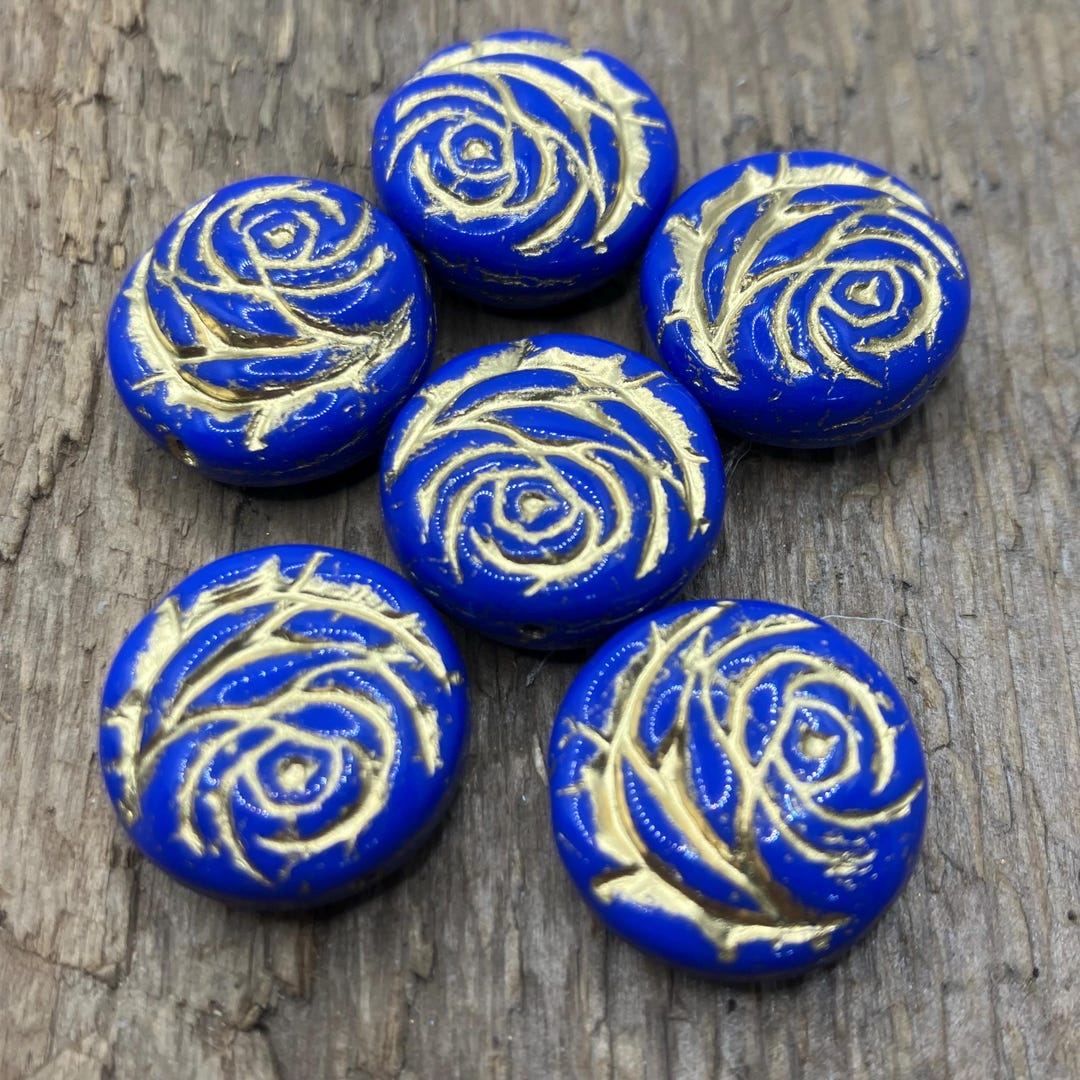 17mm Rose Coin Indigo Blue With Gold Wash Boho Flower Czech Glass Bead ...