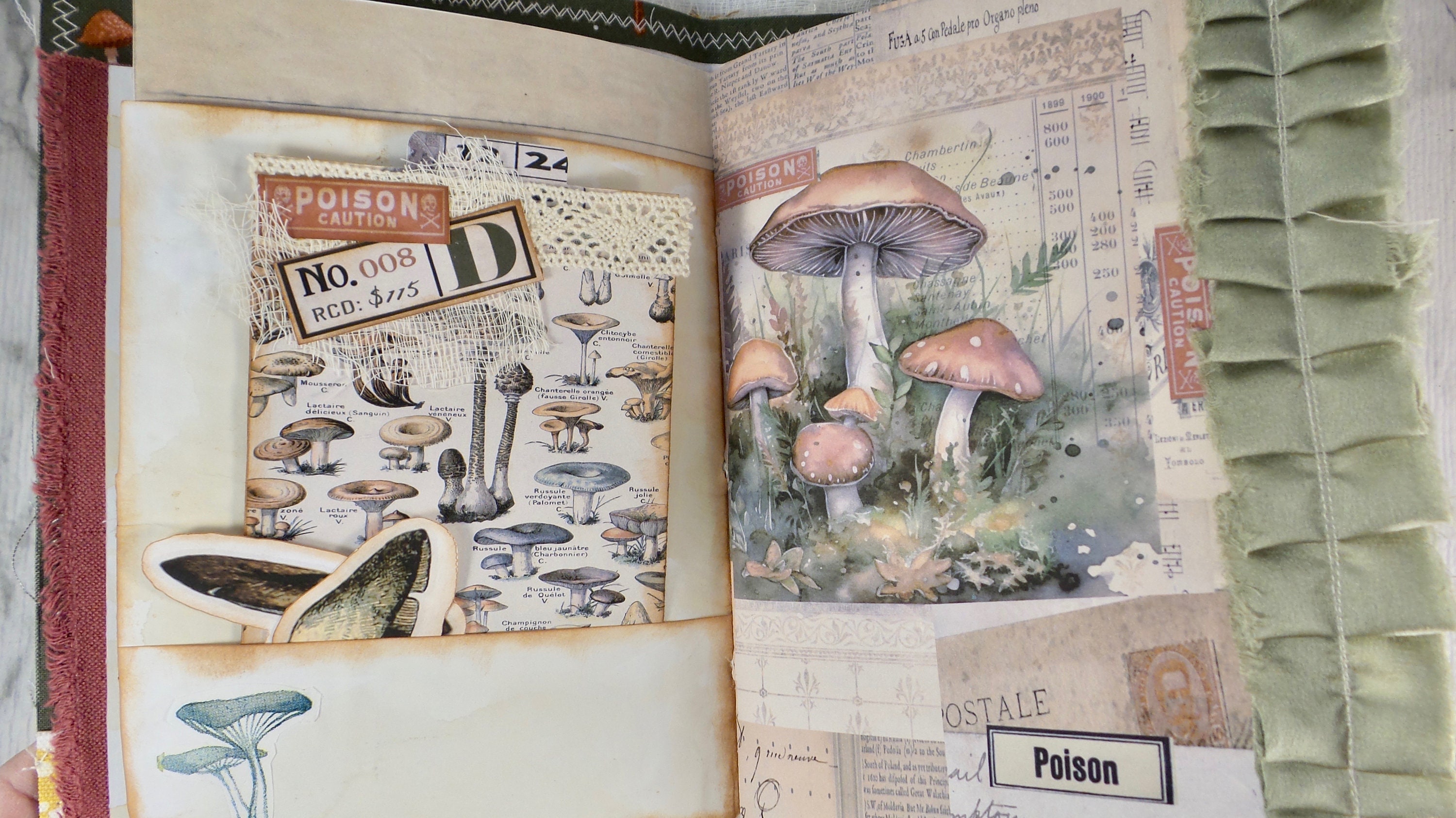 Mushroom Junk Journal, Grungy With Lace and Ribbon, Pockets, Tuck Spots ...