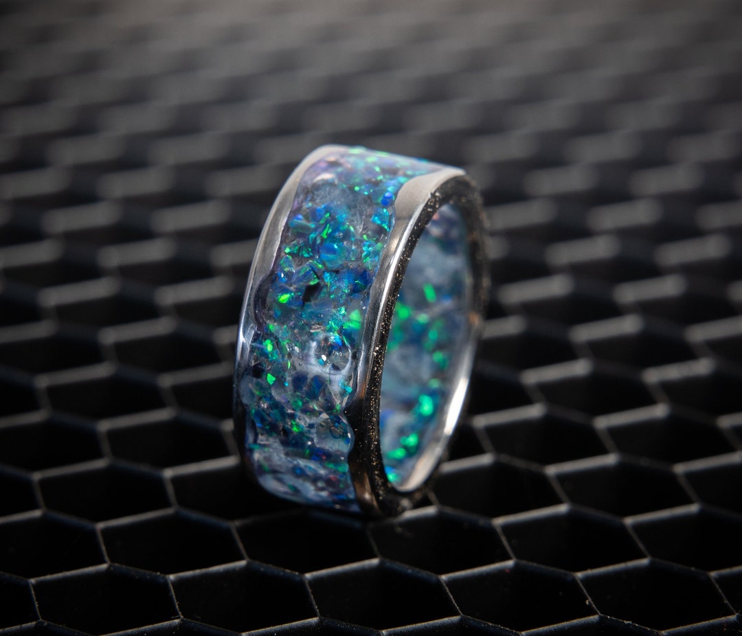 Titanium Opal Aquamarine Inlay Ring, Mens Wedding Band, Cool Mens Ring ...