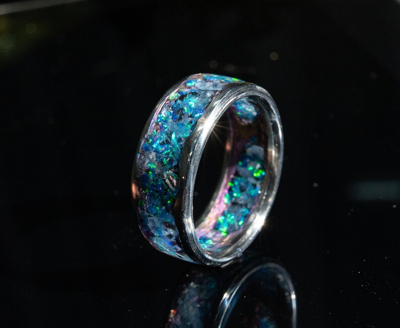 Titanium Opal Aquamarine Inlay Ring, Mens Wedding Band, Cool Mens Ring ...