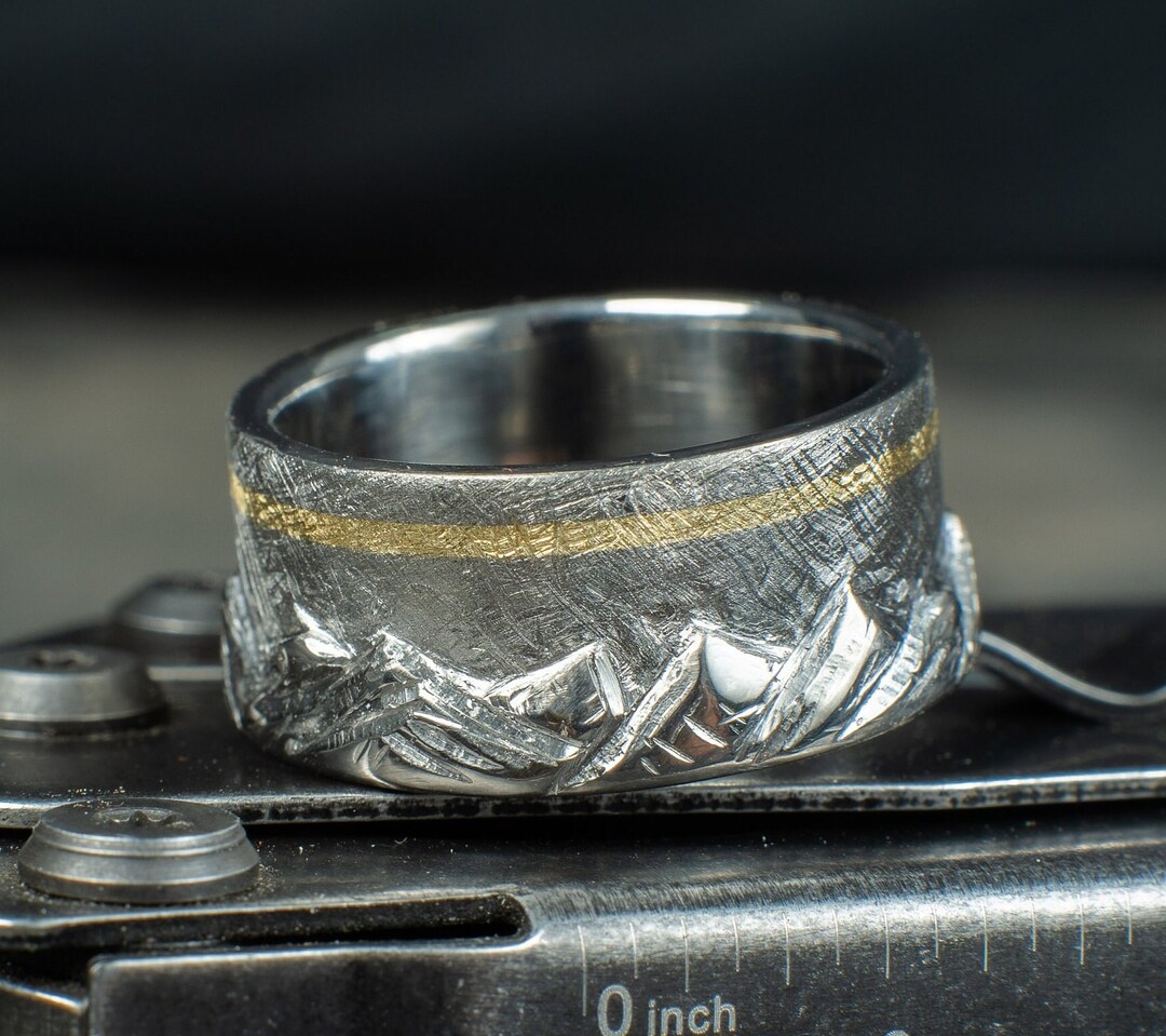 Mountain Range Ring - Titanium, Brass Inlay, Mens Wedding Ring, Womens ...