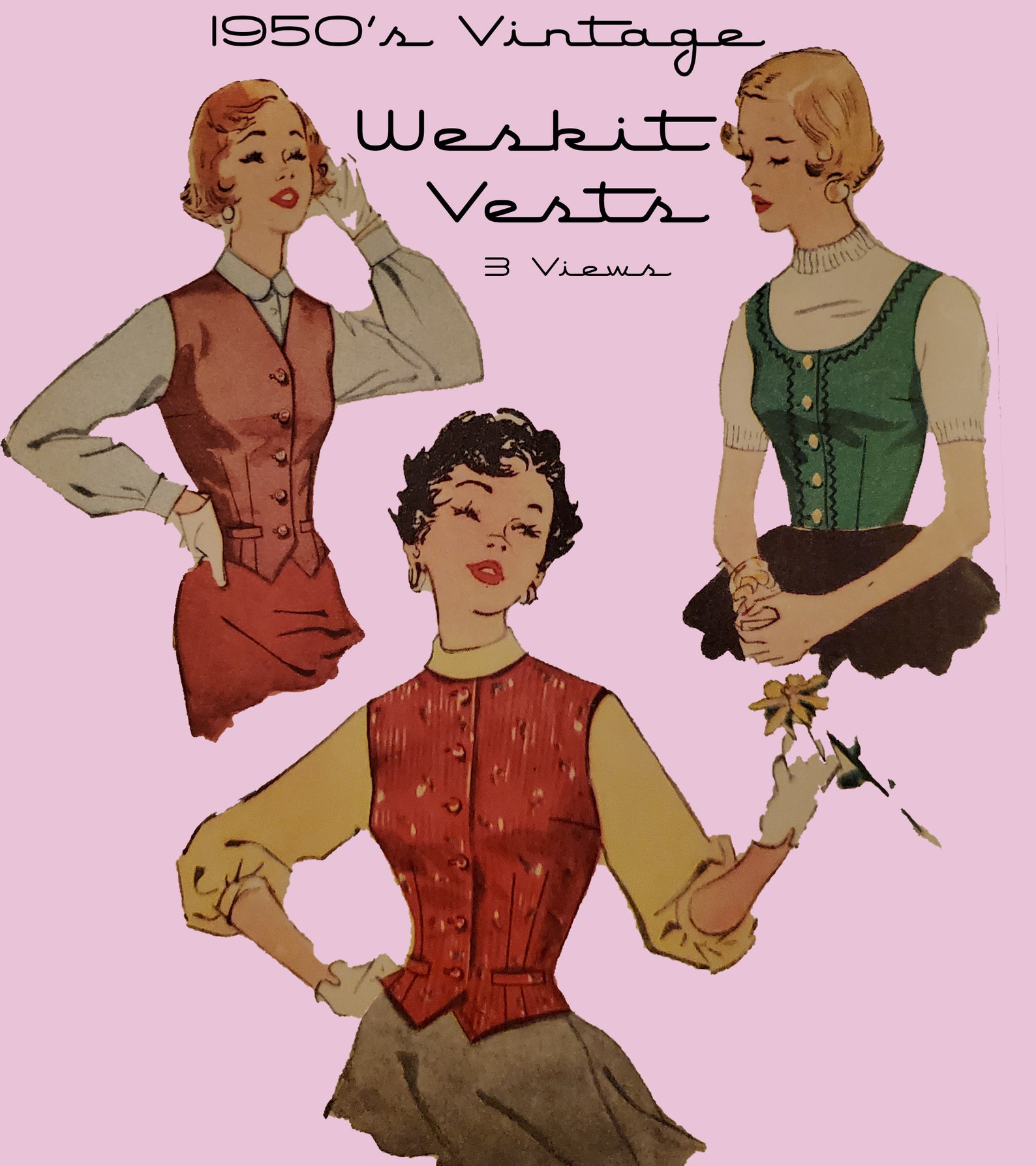 1950's Vintage Weskit Vests Pattern 3 Styles Digital Download- Mid ...