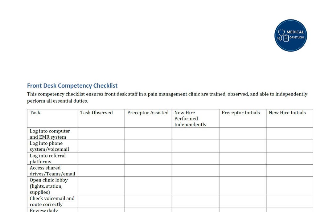 Front Desk Competency Checklist | Medical Office Training | Editable ...