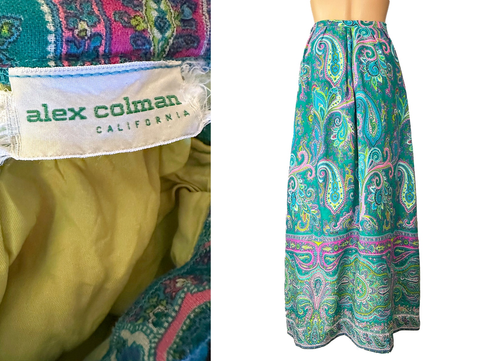 Maxi Skirt Alex Colman California Paisley Teal Border Print Bow Vintage ...