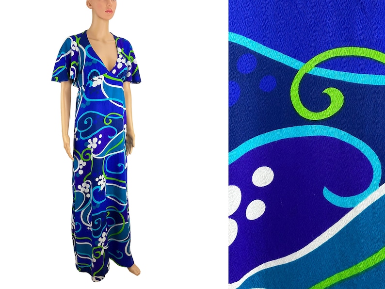 Maxi Dress Halter Short Angel Flutter Sleeves Made in Hawaii Bark Cloth ...