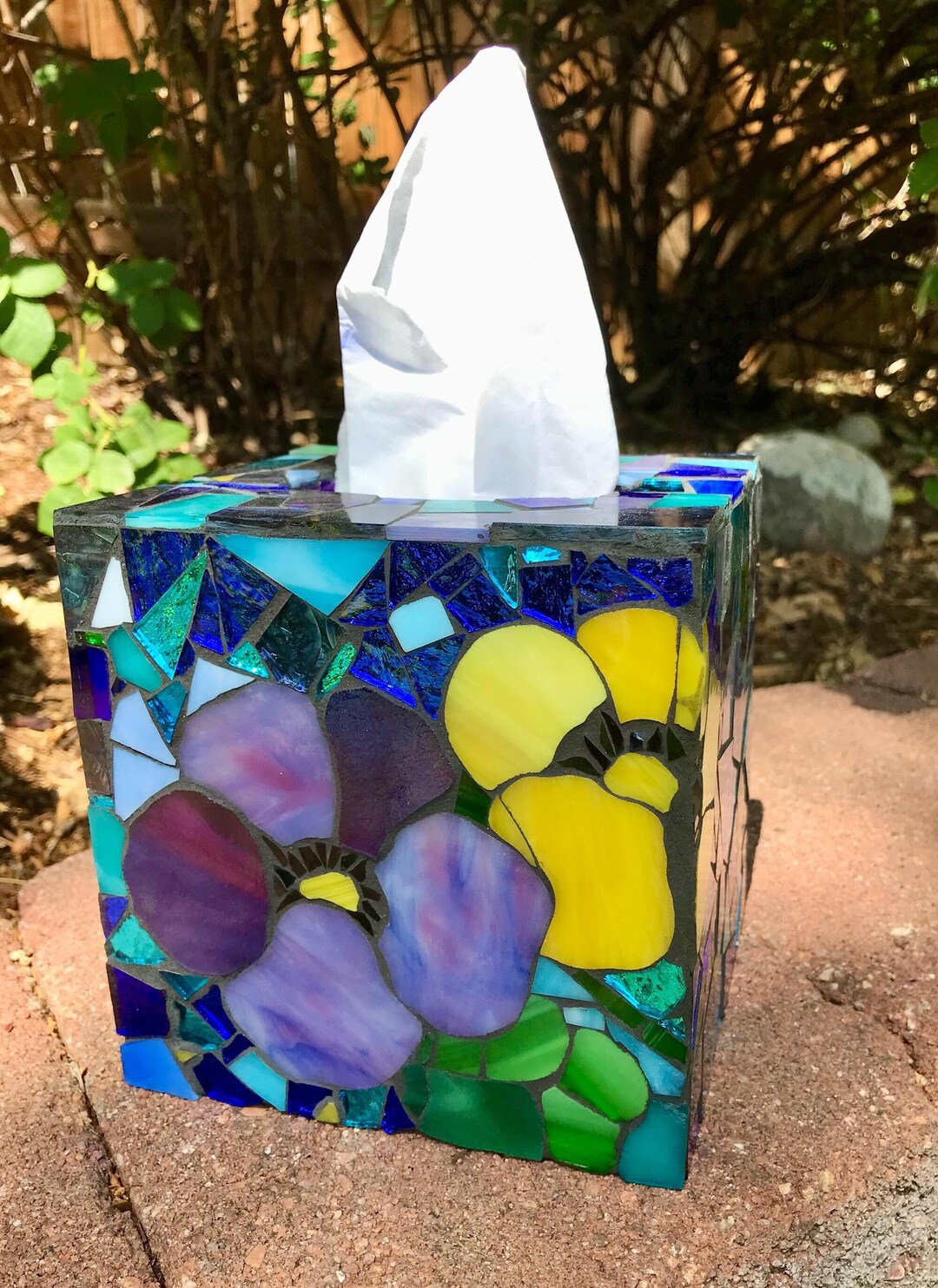 Mosaic Tissue Box Cover/pansy Flower Tissue Box/mosaic Glass Art ...