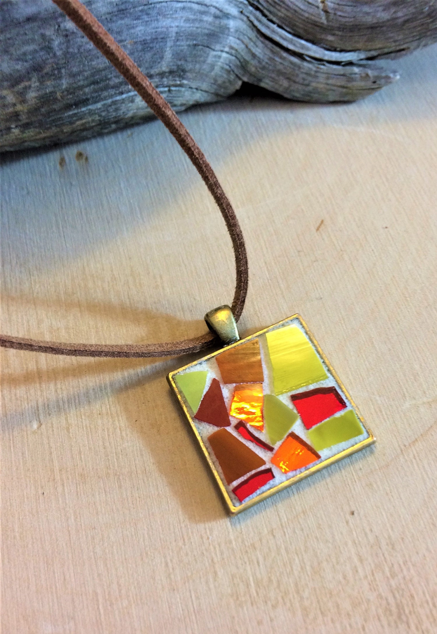Hand Cut Glass Mosaic Pendant Necklace: Copper Bezel, Suede Cord - Etsy