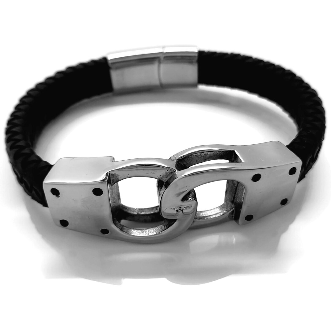 Men's Handcuff Stainless Steel and Leather Braided Bracelet Silver ...