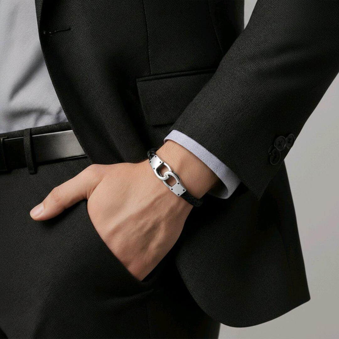 Stylish Men's Handcuff Bracelet - Stainless Steel & Leather Braid ...