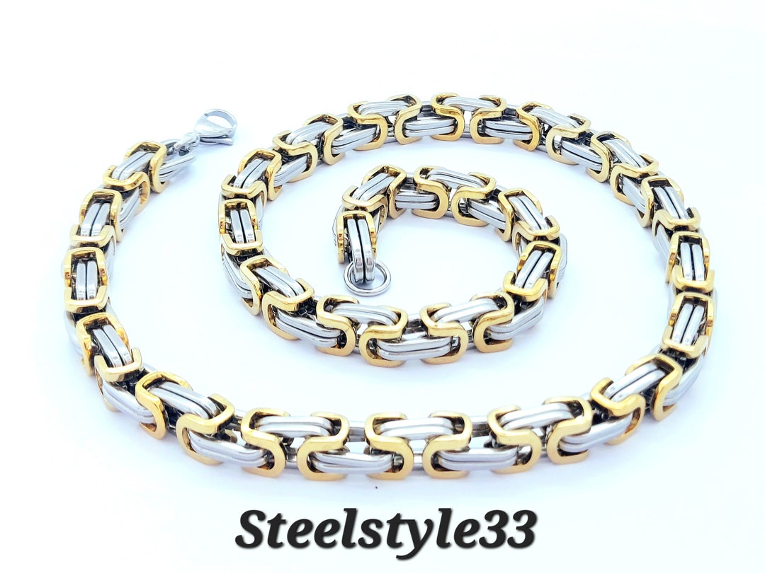 Elegant Byzantine Chain 8mm Silver Gold Necklace Unisex Stainless Steel ...