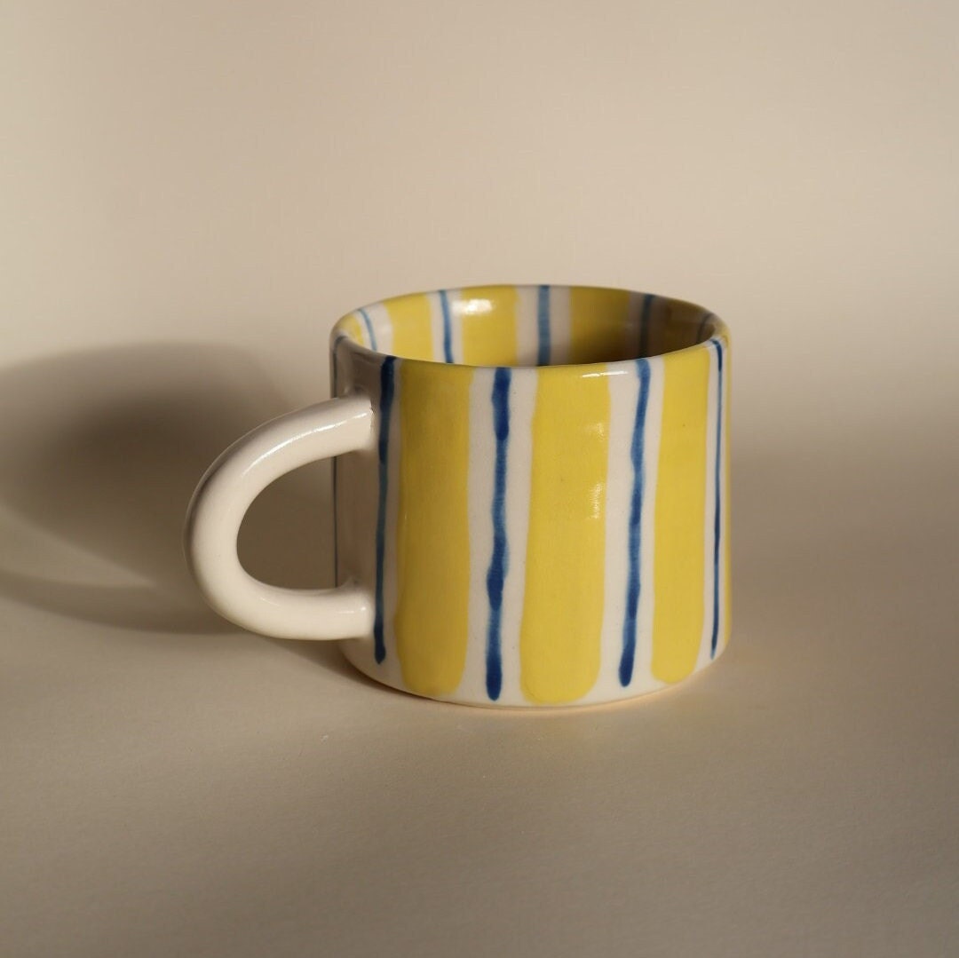 Handmade Mug in Yellow and Blue Stripe Custom Cup Cute Coffee or Tea ...